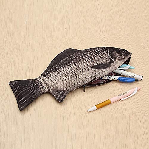 ROORUER Pencil Case,Back to SchoolPencil Pouch Pen Bag, Carp Pen Bag Realistic Fish Shape Make-up Pouch with Zipper (Black)