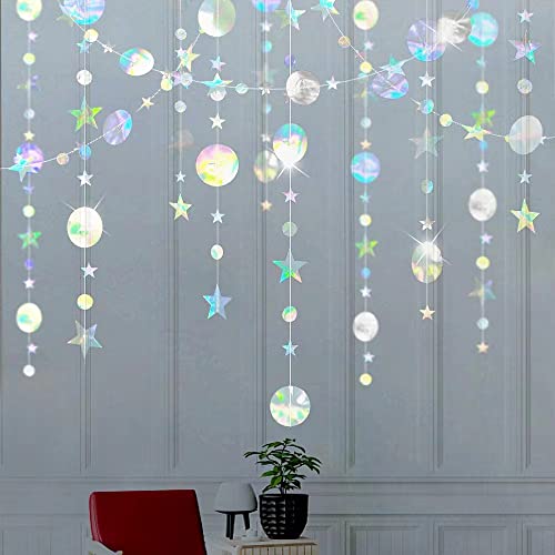 52ft Glitter Circle Dot Star Garland, Iridescent Hanging Bunting Streamer Banner Backdrop, Twinkle Star Photo Props for Halloween Birthday Wedding Bridal Baby Shower Unicorn Party Decorations Supplies