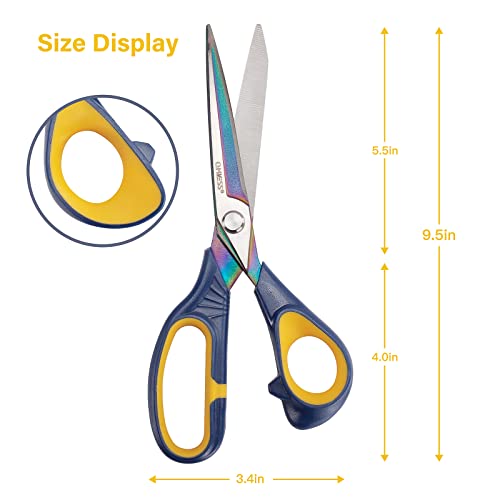 Scissors, QMVESS 9.5 Inch Premium Fabric Scissors Heavy Duty Multi-Purpose Sewing Scissors Titanium Coating Forged Stainless Steel Tailor Scissors Soft Grip Handle for Fabric Cardboard Leather Carpet