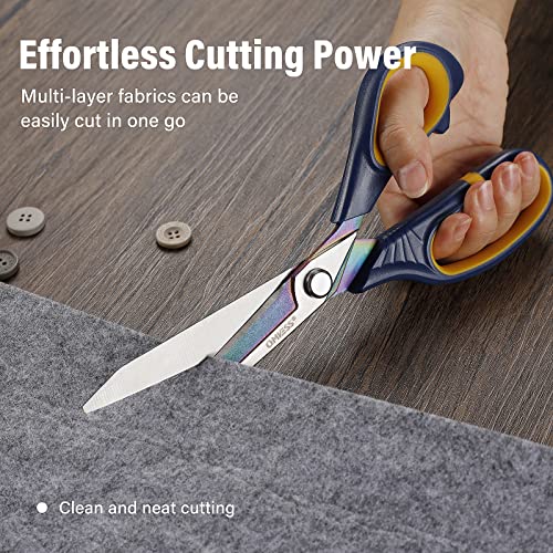 Scissors, QMVESS 9.5 Inch Premium Fabric Scissors Heavy Duty Multi-Purpose Sewing Scissors Titanium Coating Forged Stainless Steel Tailor Scissors Soft Grip Handle for Fabric Cardboard Leather Carpet