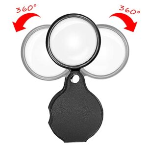 Dreamtop 5 Pack 10X Pocket Magnifier Mini Magnifying Glass 50mm Folding Magnifying Glass Loupe with Rotating Protective Holster for Reading Maps, Lables, Crafts