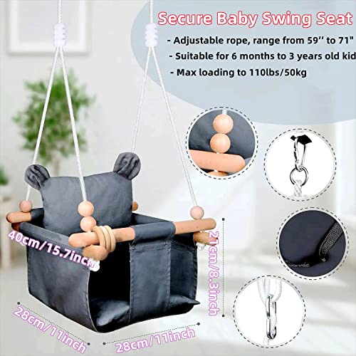 Secure Baby Swing Seat with Safety Belt - Baby Canvas and Wooden Swing Chair with Bear Ears Decor Cushion - Hanging Swing for Infants Swing Indoor Outdoor - Tree Toddler Swing for Backyard, Porch