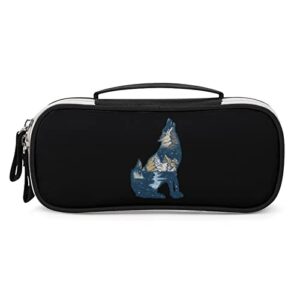 wolf double exposure printed pencil case bag stationery pouch with handle portable makeup bag desk organizer