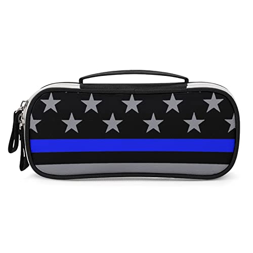 Thin Blue Line American Flag Printed Pencil Case Bag Stationery Pouch with Handle Portable Makeup Bag Desk Organizer