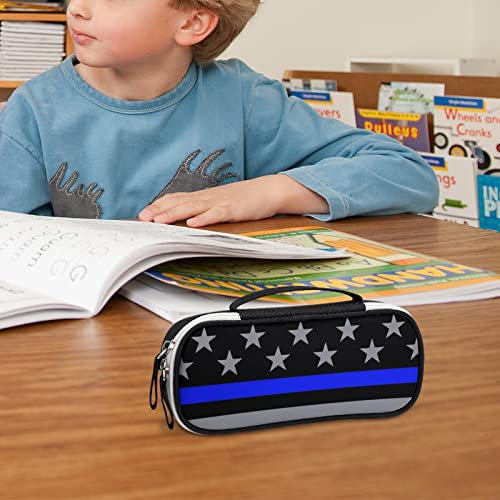 Thin Blue Line American Flag Printed Pencil Case Bag Stationery Pouch with Handle Portable Makeup Bag Desk Organizer