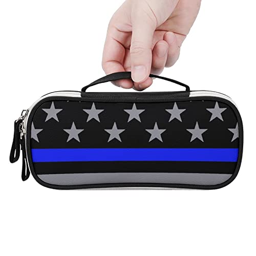 Thin Blue Line American Flag Printed Pencil Case Bag Stationery Pouch with Handle Portable Makeup Bag Desk Organizer