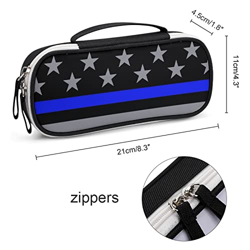 Thin Blue Line American Flag Printed Pencil Case Bag Stationery Pouch with Handle Portable Makeup Bag Desk Organizer