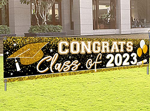 Large Congrats Grad Banner Gold Class of 2023 Banner Backdrop Graduation 2023 Yard Sign for Graduation Party Supplies Graduation Decorations 2023 (Gold)