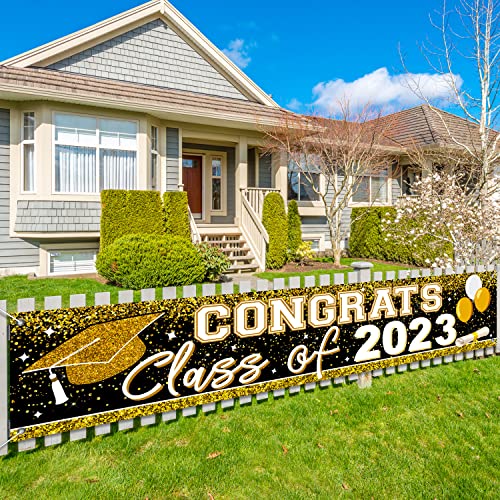 Large Congrats Grad Banner Gold Class of 2023 Banner Backdrop Graduation 2023 Yard Sign for Graduation Party Supplies Graduation Decorations 2023 (Gold)