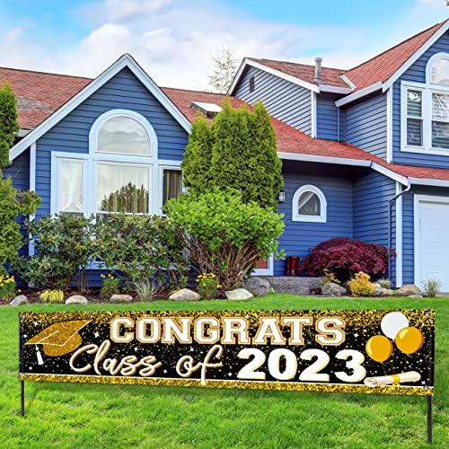 Large Congrats Grad Banner Gold Class of 2023 Banner Backdrop Graduation 2023 Yard Sign for Graduation Party Supplies Graduation Decorations 2023 (Gold)