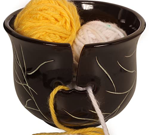 Abhandicrafts XXL Large Double Spiral Knitting Yarn Bowl Coffee Color Ceramic Pottery Storage Bowl with Hand Carved Design of Beautiful Dry Tree Branches