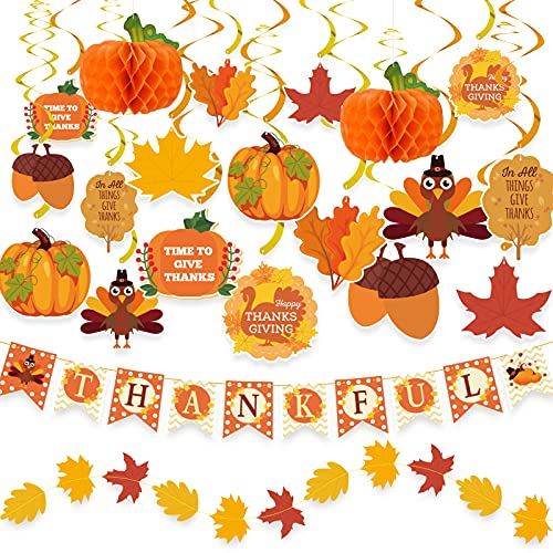 Dazonge Thanksgiving Decorations 40PCS, Pre-Assembled Thanksgiving Hanging Swirls, Thankful Banner, Fall Leaves String and Honeycomb Pumpkins for Indoor and Outdoor Thanksgiving Decor, Thanksgiving Decorations for Home