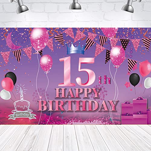 Happy 15th Birthday Backdrop Banner Pink Purple 15th Sign Poster 15 Birthday Party Supplies for Anniversary Photo Booth Photography Background Birthday Party Decorations, 72.8 x 43.3 Inch