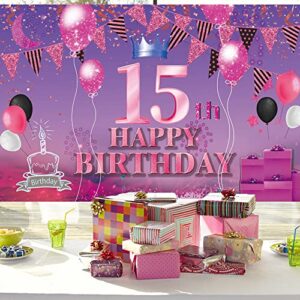 Happy 15th Birthday Backdrop Banner Pink Purple 15th Sign Poster 15 Birthday Party Supplies for Anniversary Photo Booth Photography Background Birthday Party Decorations, 72.8 x 43.3 Inch