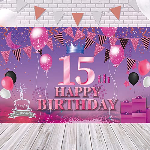 Happy 15th Birthday Backdrop Banner Pink Purple 15th Sign Poster 15 Birthday Party Supplies for Anniversary Photo Booth Photography Background Birthday Party Decorations, 72.8 x 43.3 Inch