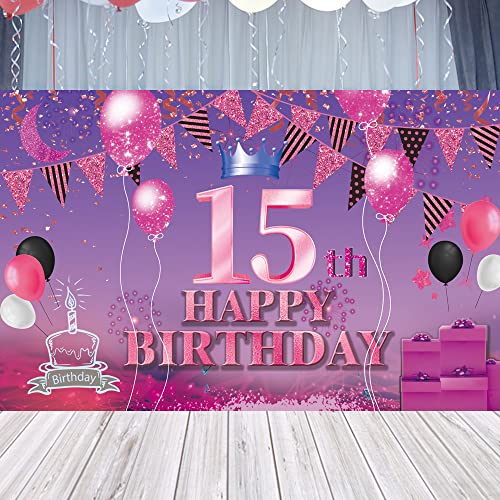 Happy 15th Birthday Backdrop Banner Pink Purple 15th Sign Poster 15 Birthday Party Supplies for Anniversary Photo Booth Photography Background Birthday Party Decorations, 72.8 x 43.3 Inch