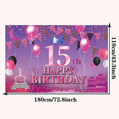 Happy 15th Birthday Backdrop Banner Pink Purple 15th Sign Poster 15 Birthday Party Supplies for Anniversary Photo Booth Photography Background Birthday Party Decorations, 72.8 x 43.3 Inch