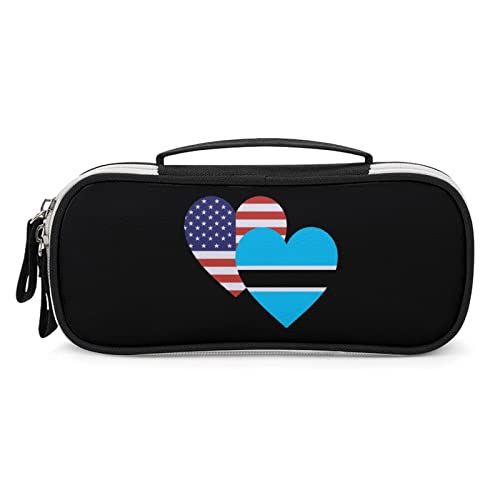 Botswana American Heart Flag Printed Pencil Case Bag Stationery Pouch with Handle Portable Makeup Bag Desk Organizer