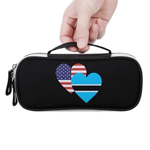 Botswana American Heart Flag Printed Pencil Case Bag Stationery Pouch with Handle Portable Makeup Bag Desk Organizer