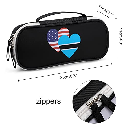 Botswana American Heart Flag Printed Pencil Case Bag Stationery Pouch with Handle Portable Makeup Bag Desk Organizer