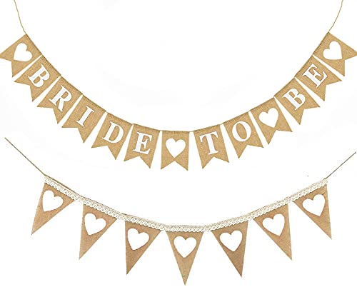 2 Set Bride to be Banner and Heart Banner Rustic Burlap Bunting Banner for Bridal Shower, Bachelorette Party Decorations