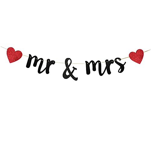 Coolpala Mr & Mrs Banner,Black Glitter Sign for Engagement Wedding Photo Props,Just Married Bachelorette Party Decorations.