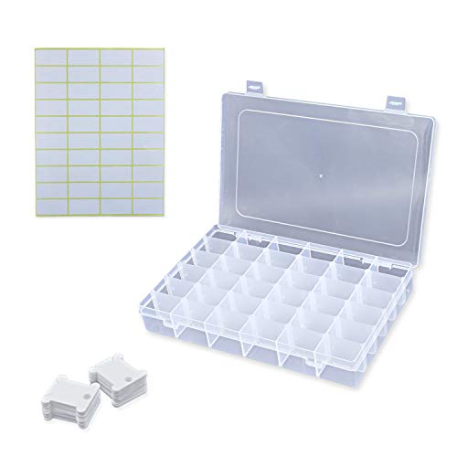 EDOBLUE Embroidery Floss Organizer Box with 36 Adjustable compartments Includes 100 Plastic Floss bobbins and 120 Sticker