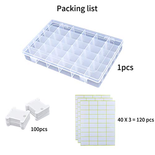 EDOBLUE Embroidery Floss Organizer Box with 36 Adjustable compartments Includes 100 Plastic Floss bobbins and 120 Sticker