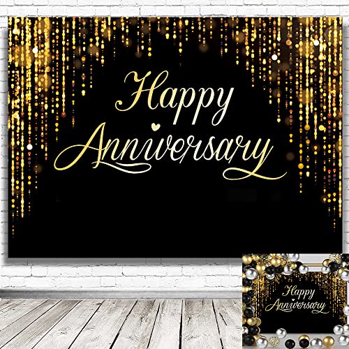 Happy Anniversary Party Decorations Backdrop, Black Gold Glitter Bokeh Dots Wedding Anniversary Party Photo Background Cake Table Banner Extra Large Wall Decor Props (73'' x 50'')