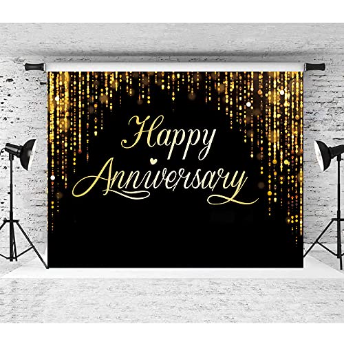 Happy Anniversary Party Decorations Backdrop, Black Gold Glitter Bokeh Dots Wedding Anniversary Party Photo Background Cake Table Banner Extra Large Wall Decor Props (73'' x 50'')