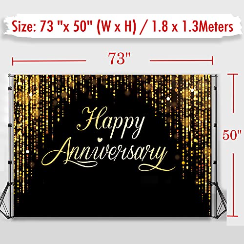 Happy Anniversary Party Decorations Backdrop, Black Gold Glitter Bokeh Dots Wedding Anniversary Party Photo Background Cake Table Banner Extra Large Wall Decor Props (73'' x 50'')