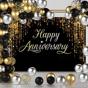 Happy Anniversary Party Decorations Backdrop, Black Gold Glitter Bokeh Dots Wedding Anniversary Party Photo Background Cake Table Banner Extra Large Wall Decor Props (73'' x 50'')