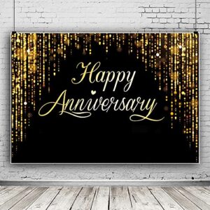 Happy Anniversary Party Decorations Backdrop, Black Gold Glitter Bokeh Dots Wedding Anniversary Party Photo Background Cake Table Banner Extra Large Wall Decor Props (73'' x 50'')