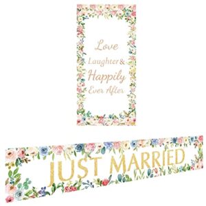 just married banner backdrop & love laughter happily ever after door banner, wedding engagement party decorations photo booth props gift sign supplies, bridal shower decor for outdoor indoor