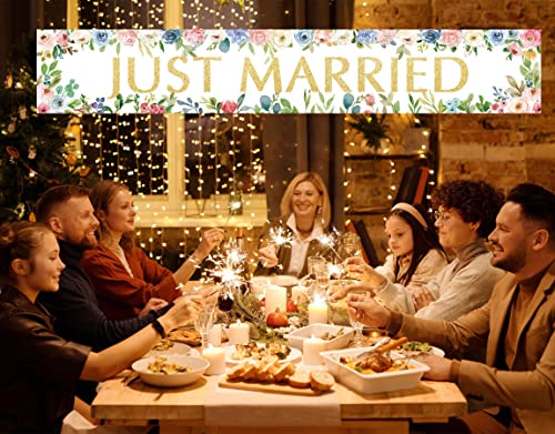 Just Married Banner Backdrop & Love Laughter Happily Ever After Door Banner, Wedding Engagement Party Decorations Photo Booth Props Gift Sign Supplies, Bridal Shower Decor for Outdoor Indoor