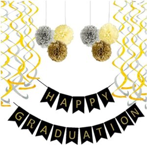 graduation party decorations 2022, happy graduation banner with 6 pom poms 2 gold 2 yellow 2 sliver, 6 swirls 3 gold 3 sliver, graduation decorations, graduation party supplies 2022