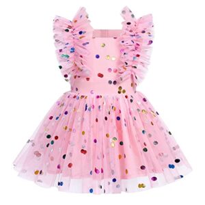 newborn baby girls tulle one piece romper dress colorful polka dots print ruffles sleeve bodysuit toddler girl tutu dress birthday photography summer clothes pink dots 12-18 months