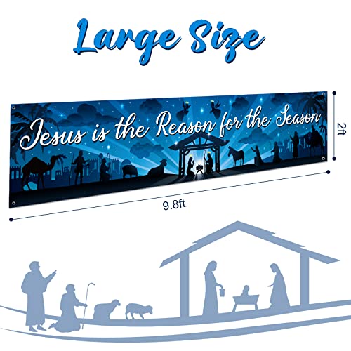 Nativity Christmas Banner Decoration Religious Christmas Yard Banner Blue Jesus Sign Banner Large Merry Christmas Banner for Fence Garden Home Indoor Outdoor Xmas Party Decorations, 118 x 24 Inches