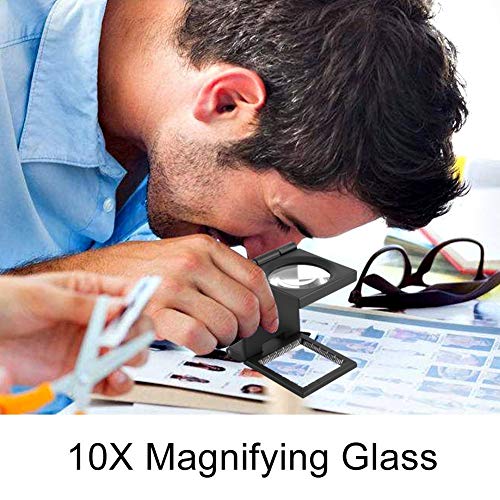 10X 28mm Mini Three-Folding Magnifier Zinc Alloy Pocket Magnifier Magnifying Glass with Scale for Textile Optical Jewelry Tool Pack of 5