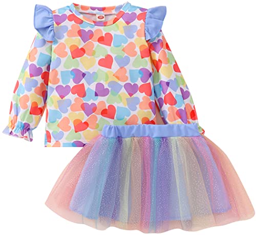 Kids Girls 2 Piece Valentine's Day Outfits Ruffle Sleeve Sweatshirts Tulle Sequins Skirt Dresses Clothes Toddler Heart Print Shirt Tutu Set 8t