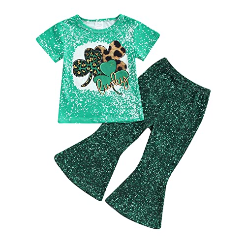 2Pcs Toddler Baby Girl St.Patrick's Day Clothes Set Short Sleeve Funny Print Tops Ruffle Bell Bottoms Flare Pants (Clover Print,3-4T)