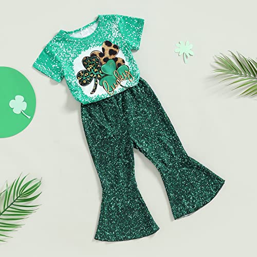 2Pcs Toddler Baby Girl St.Patrick's Day Clothes Set Short Sleeve Funny Print Tops Ruffle Bell Bottoms Flare Pants (Clover Print,3-4T)