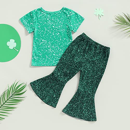 2Pcs Toddler Baby Girl St.Patrick's Day Clothes Set Short Sleeve Funny Print Tops Ruffle Bell Bottoms Flare Pants (Clover Print,3-4T)