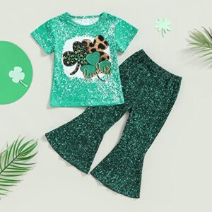 2Pcs Toddler Baby Girl St.Patrick's Day Clothes Set Short Sleeve Funny Print Tops Ruffle Bell Bottoms Flare Pants (Clover Print,3-4T)