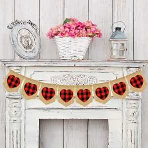 doumeny valentine’s day burlap banner black red plaid heart garland valentine heart banner vintage rustic burlap bunting for engagement, bridal shower,wedding, anniversary, valentines decor