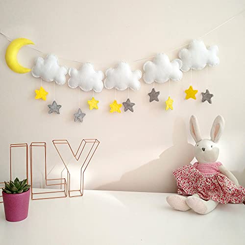 Bemeet 5ft Felt Cloud Star Wall Hanging Decoration (Set of 1) Clouds Stars Moon Garland for Kids Bedroom Living Room, Baby Shower Party Supplies, Sky Theme String Garlands for Nursery Decor