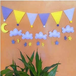 Bemeet 5ft Felt Cloud Star Wall Hanging Decoration (Set of 1) Clouds Stars Moon Garland for Kids Bedroom Living Room, Baby Shower Party Supplies, Sky Theme String Garlands for Nursery Decor