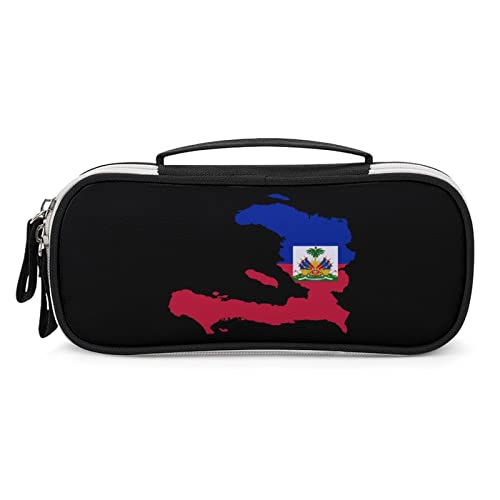 Haitiflag Map Printed Pencil Case Bag Stationery Pouch with Handle Portable Makeup Bag Desk Organizer