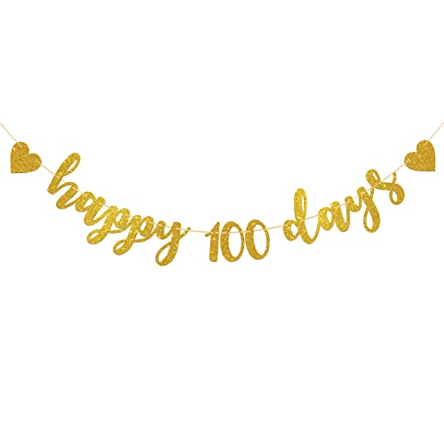 Happy 100 Days Banner, 100 Days Celebration for Baby, Baby Shower / Anniversary Party Decorations, Fall In Love 100 Days Bunting Banner - Gold