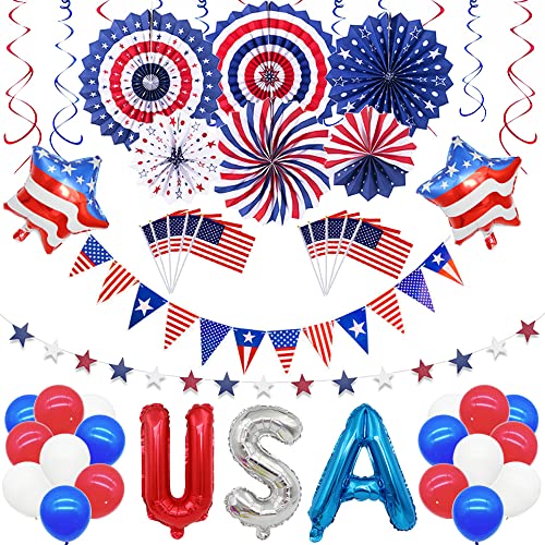 4th of July Decorations Patriotic Decorations Set - 53Pcs American Flag Party Supplies Including Paper Fans, Banner, Balloons, Hanging Swirl, Handheld Flags for Veterans Independence Day